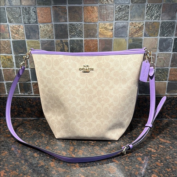 Coach | Bags | Coach Cream And Purple Shoulder Bag With Signature ...